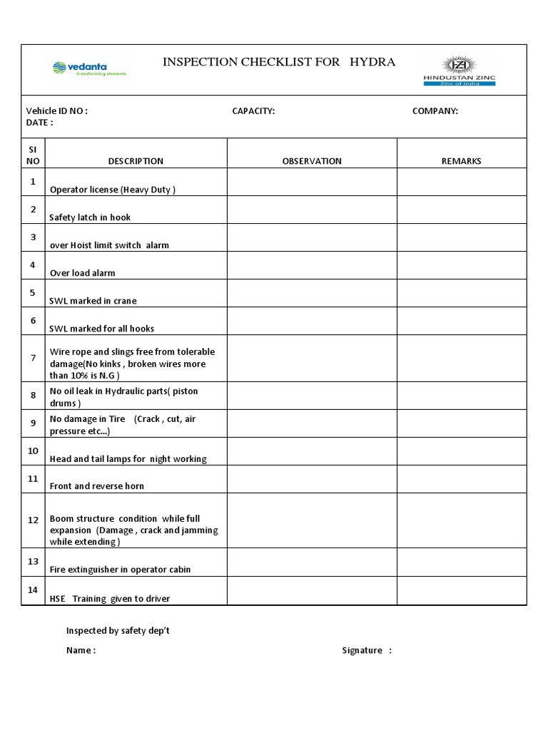 Inspection Checklist For Hydra | PDF