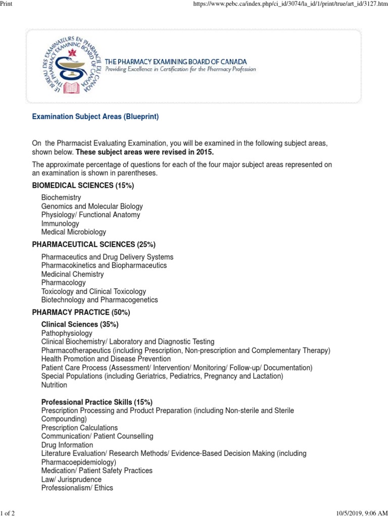 PEBC EE Blueprint | PDF | Pharmacy | Health Care