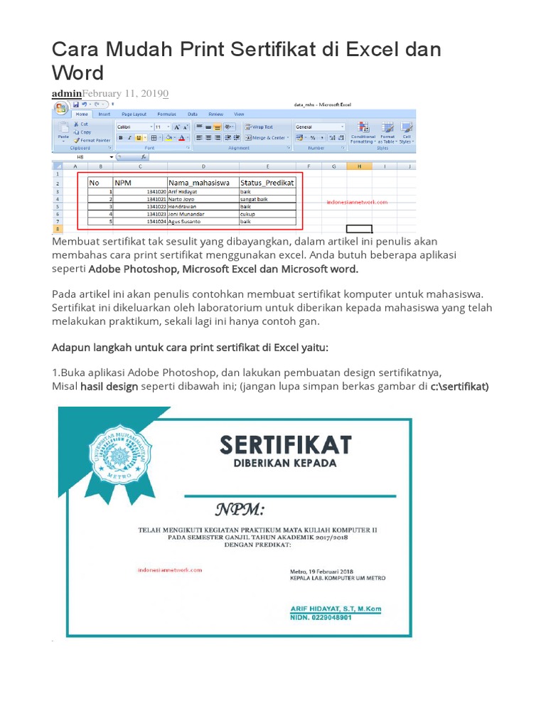 Cara Mudah Print Sertifikat Di Excel Dan Word Pdf