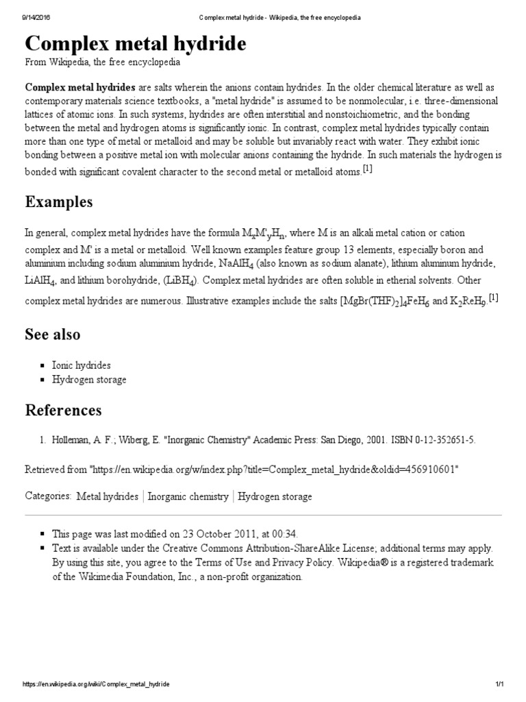 Complex Metal Hydride - Wikipedia, The Free Encyclopedia | PDF