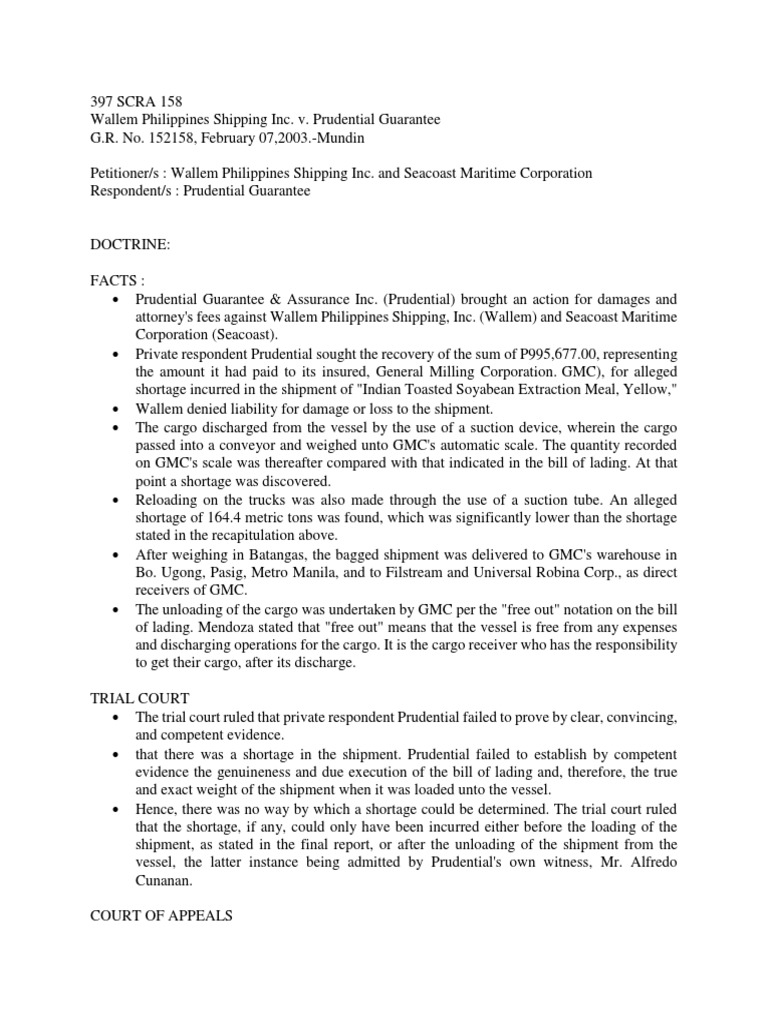 Wallem Phil. Shipping v. Prudential Guarantee | PDF | Bill Of Lading ...