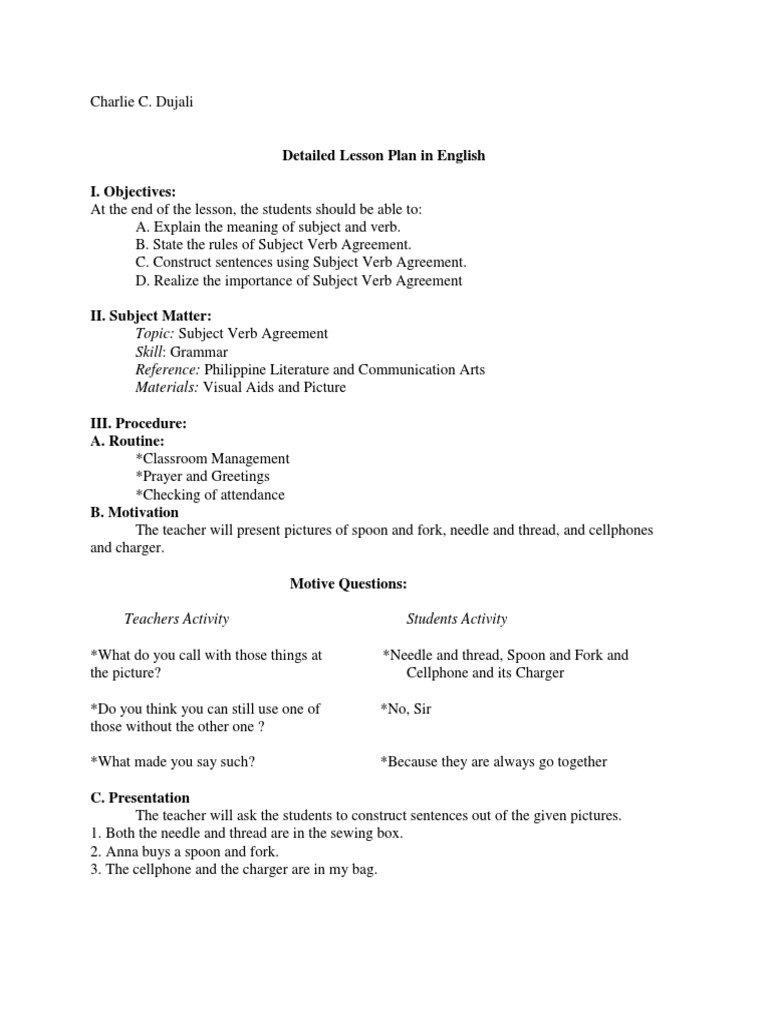 Grade 7 Subject Verb Agreement Plan | PDF | Subject (Grammar ...
