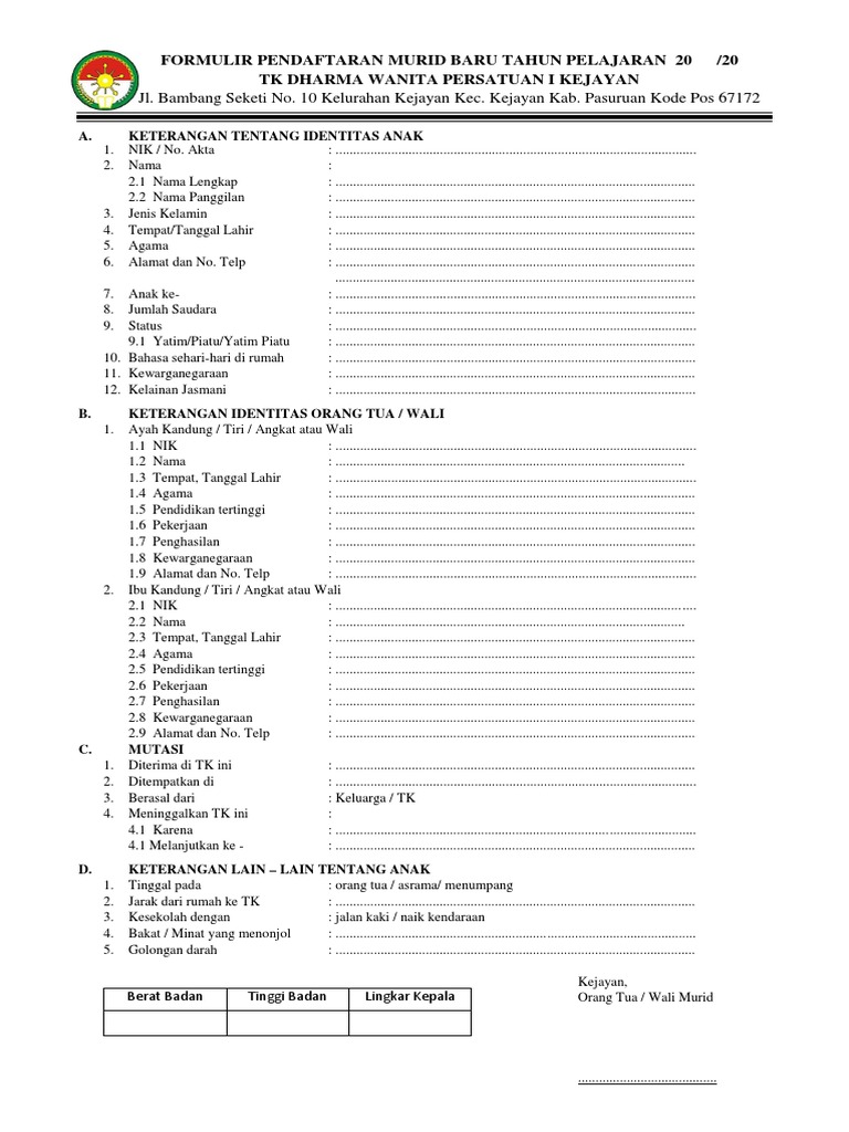 Contoh Formulir Pendaftaran PD TK | PDF