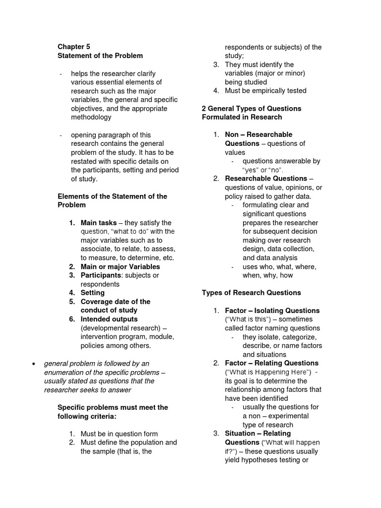 Enumeration of The Specific Problems - Usually Stated As Questions That ...