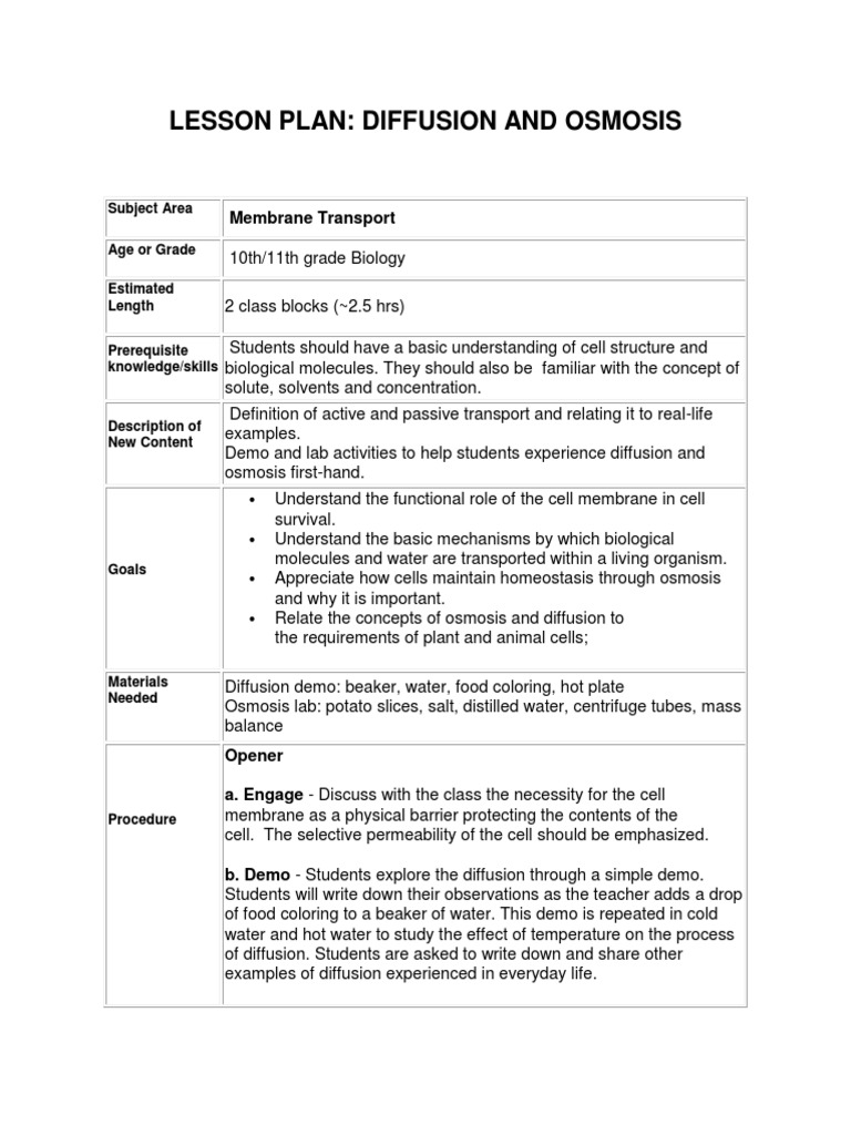 Lesson Plan: Diffusion and Osmosis: Membrane Transport | PDF | Osmosis ...