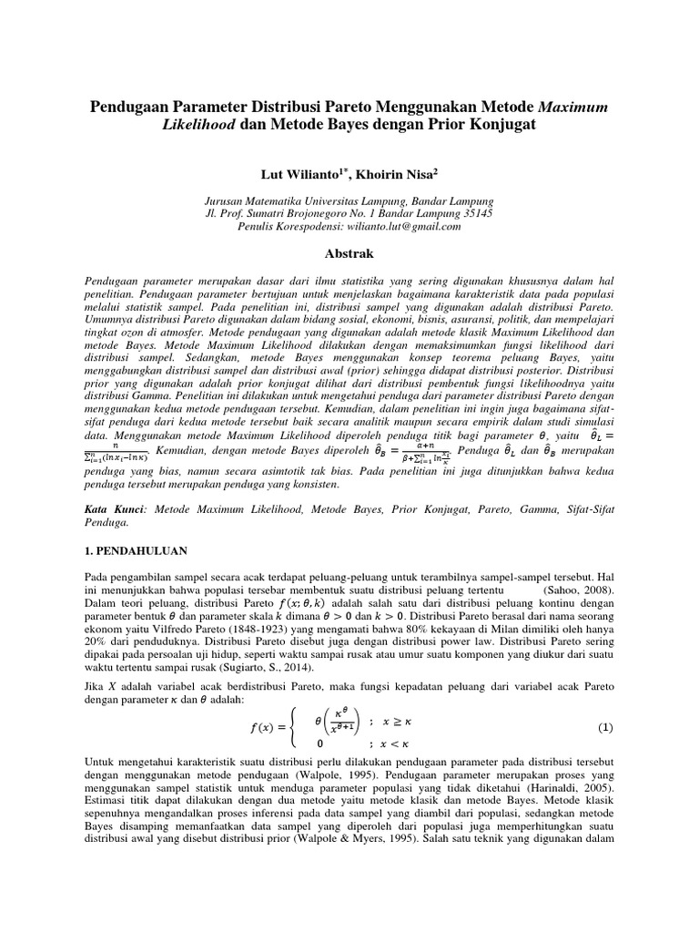 Pendugaan Parameter Distribusi Pareto Menggunakan Metode Maximum Likelihood Dan Metode Bayes ...