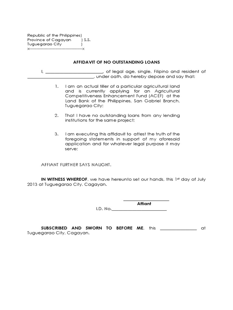 Affidavit of No Outstanding Loans | PDF | Finance & Money Management ...