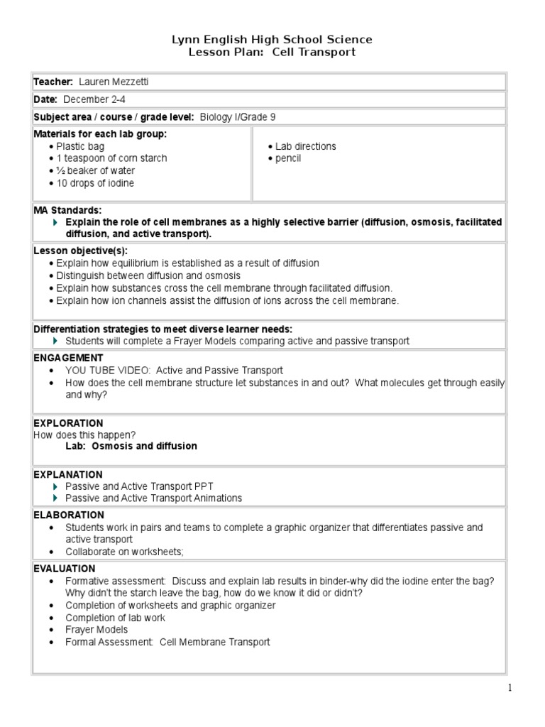 Cell Transport Lesson Plan Overview | PDF