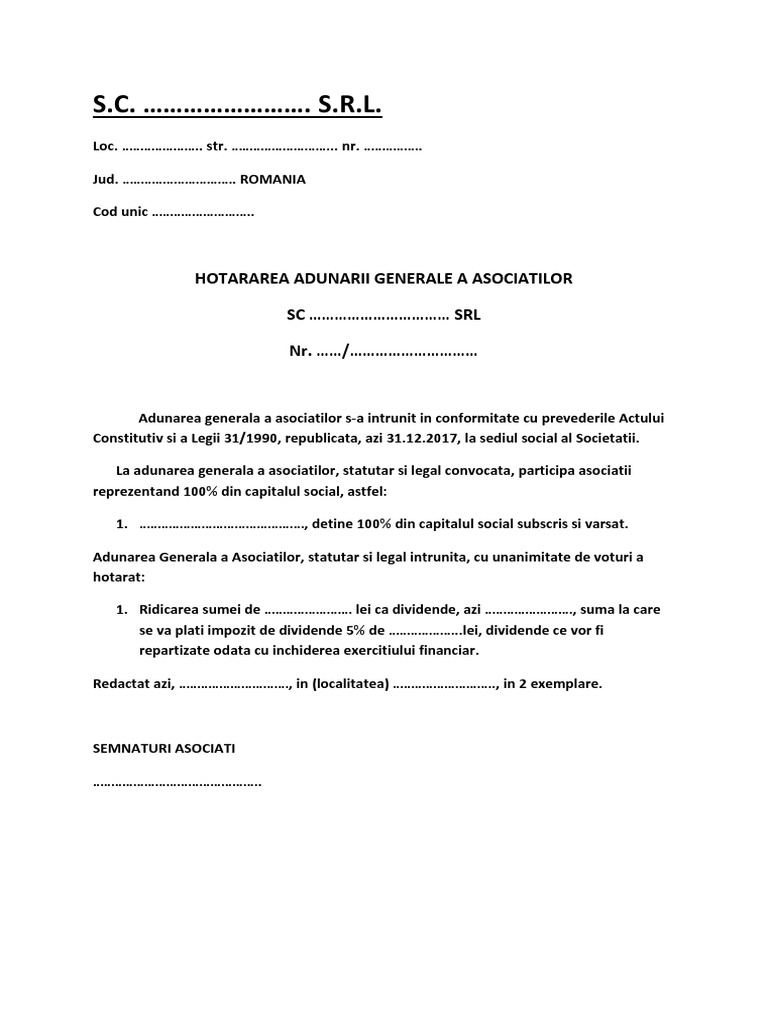 Model Hotarare Aga Repartizare Dividende | PDF