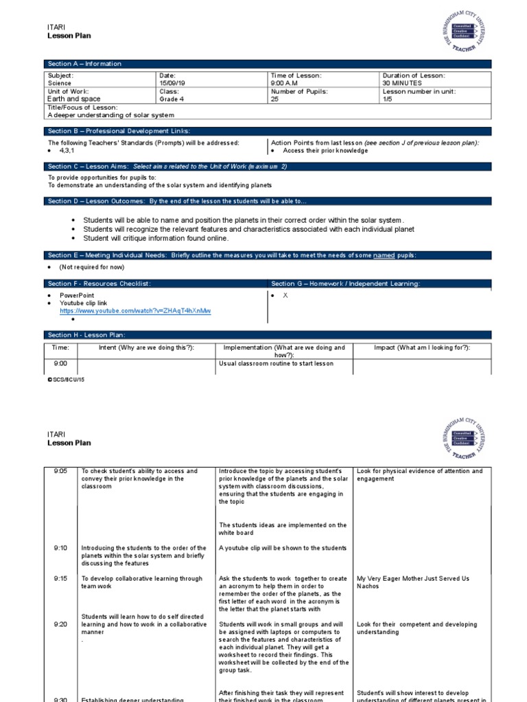 Lesson Plan Solar System | PDF | Lesson Plan | Classroom