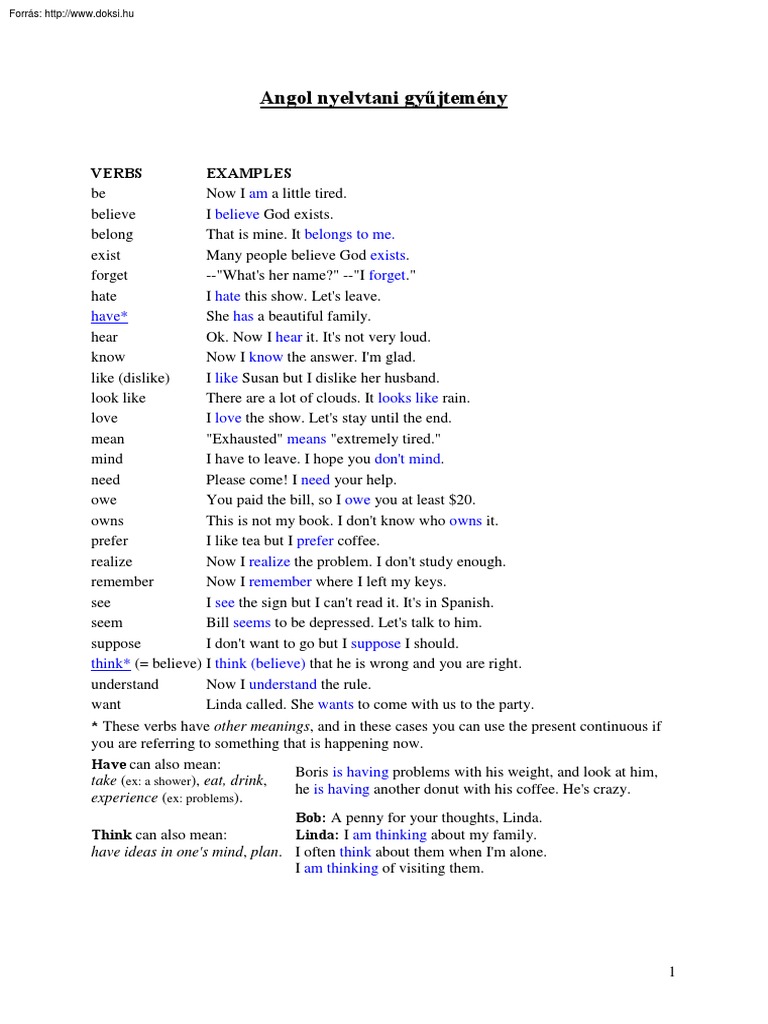 Angol Nyelvtani Gyűjtemény: Verbs Examples | PDF | Grammar | Languages