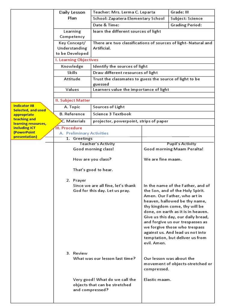 Daily Lesson Plan: I. Learning Objectives | PDF | Lord's Prayer | Learning