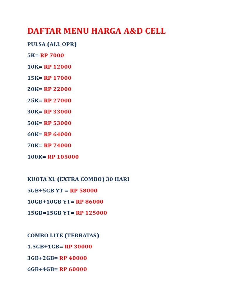 Daftar Menu Harga | PDF
