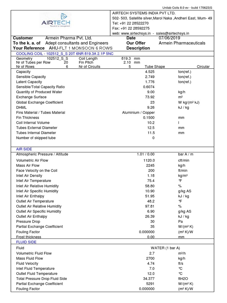 Coil Selection Report | PDF | Atmosphere Of Earth | Humidity