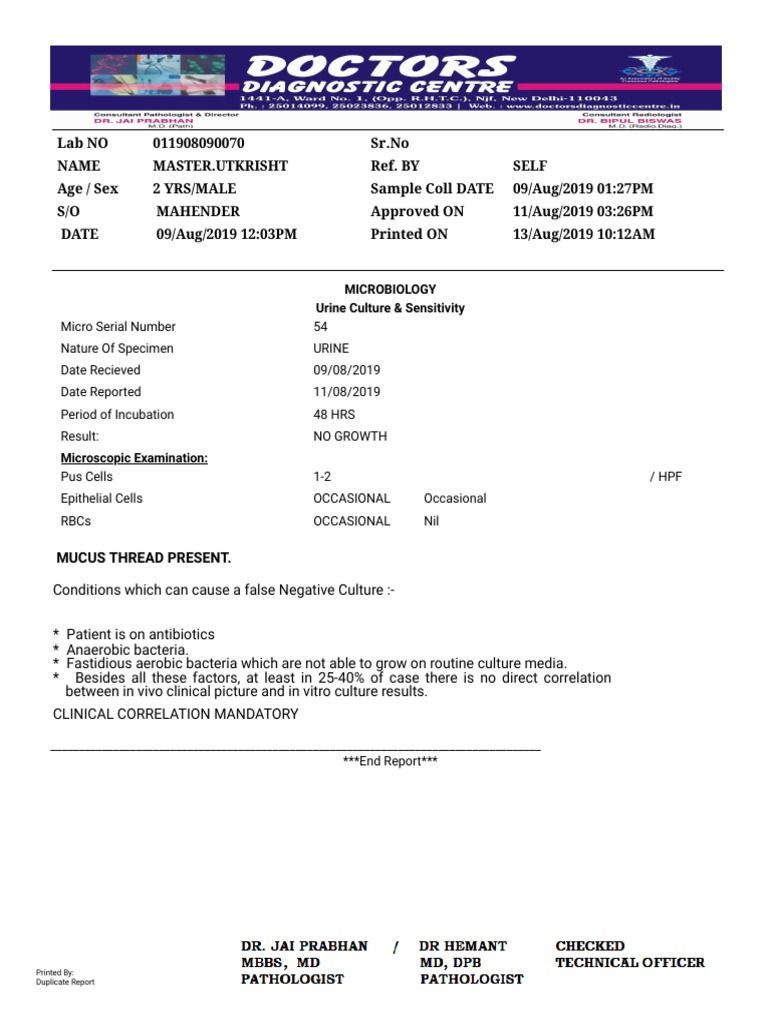 Microbiology Urine Culture & Sensitivity: Printed By: Duplicate Report ...