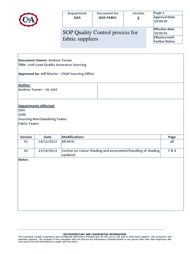 SOP-Quality Control Process For Fabric v4-1 | PDF | Quality Assurance ...