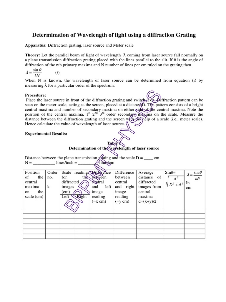 Determination of Wavelength of Light Using A Diffraction Grating | PDF | Diffraction | Wavelength