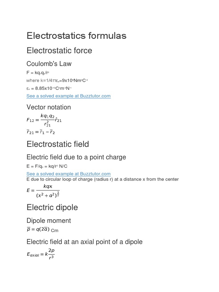 Electrostatics Formulas: Electrostatic Force | PDF