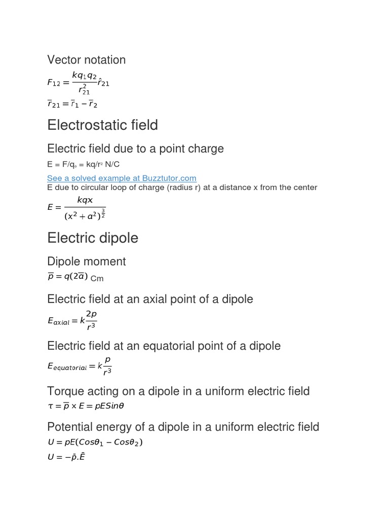 Electrostatic Field: E F/Q KQ/R N/C | PDF