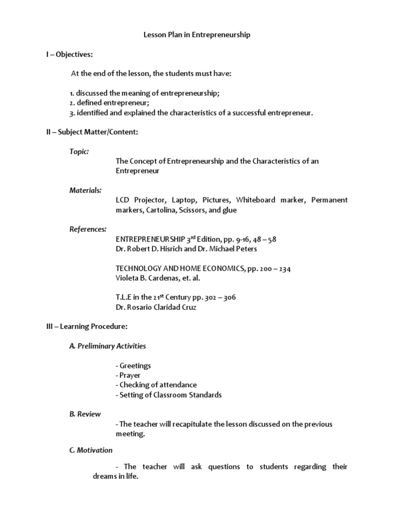 Lesson Plan in Entrepreneurship | PDF | Entrepreneurship | Teachers