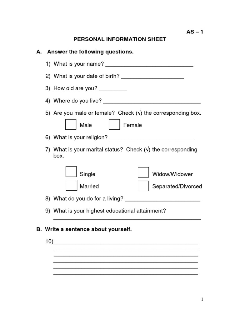 AS - 1 Personal Information Sheet A. Answer The Following Questions ...