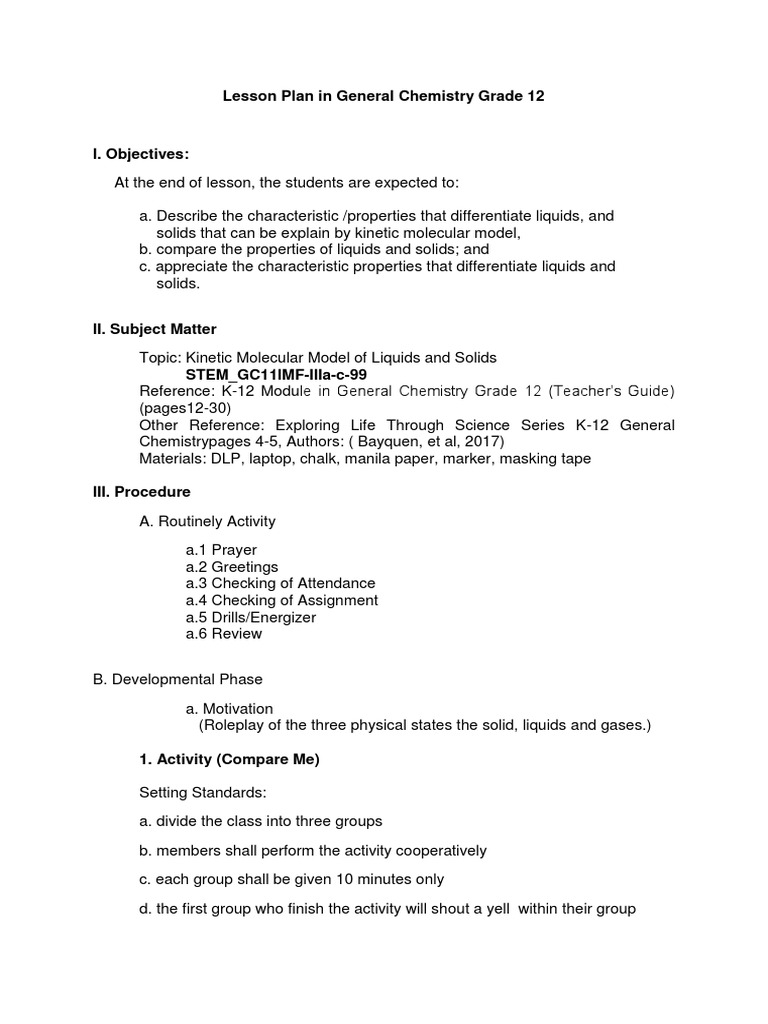 Lesson Plan in General Chemistry Grade 12 | PDF | Gases | Liquids