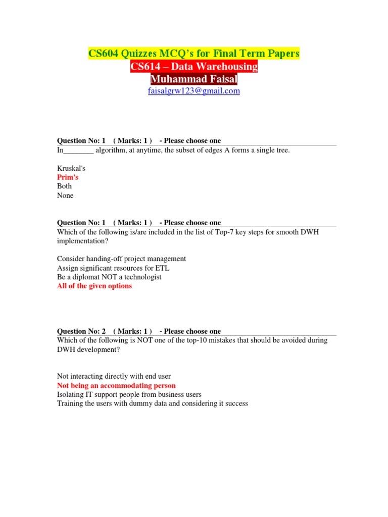 CS614 Quizzez MCQ's For Final Papers PDF | PDF | Product Lifecycle | Data Management