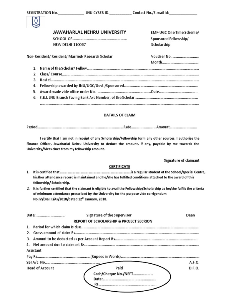 JNU Fellowship Claim Form Template | PDF | Payments | Government Finances