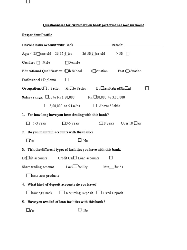 Questionnaire For Customers On Bank Performance Measurement | PDF ...