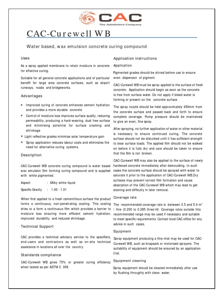 CAC-Curewell WB: Water Based, Wax Emulsion Concrete Curing Compound ...