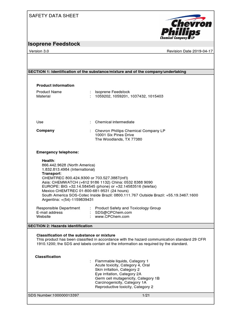 Isoprene Feedstock: Safety Data Sheet | PDF | Toxicity | Mutagen