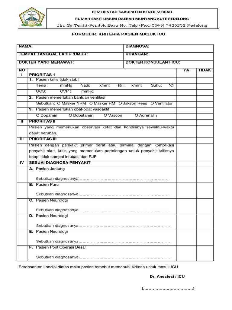 Formulir Kriteria Pasien ICU | PDF