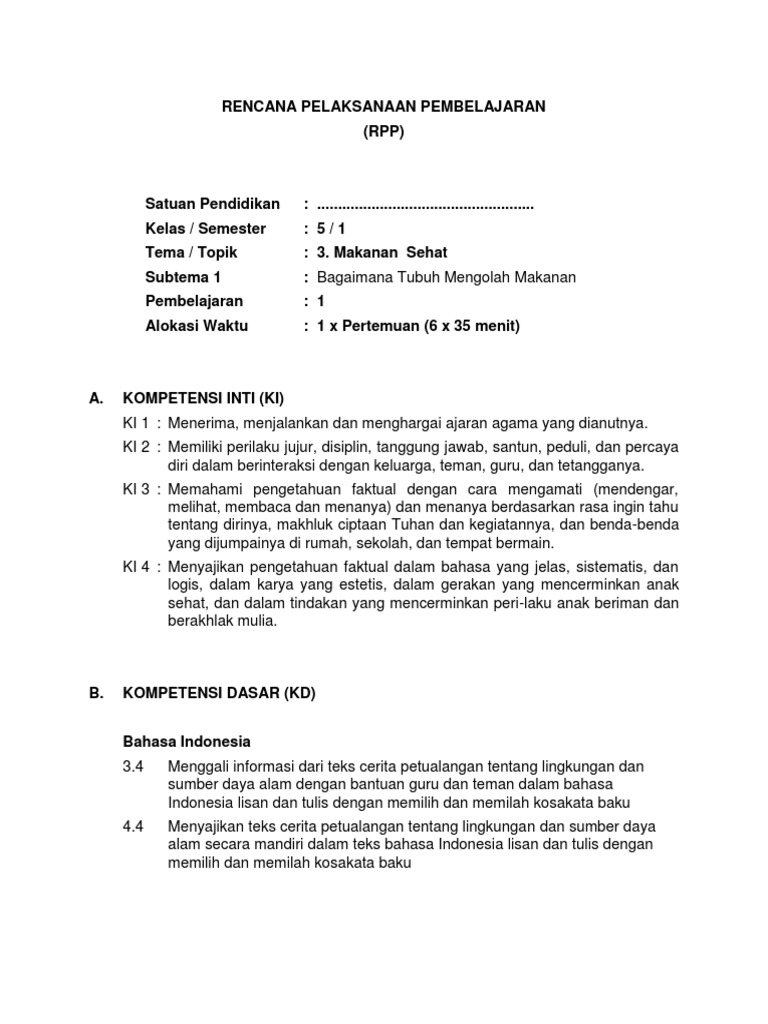RPP Kelas 5 Tema 3 Sub Tema 1 PB 1 2 3 A | PDF