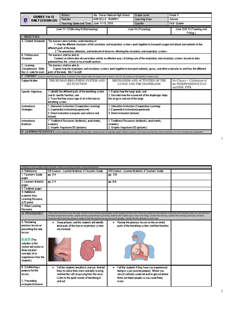 Lesson Plan For Grade 9 | PDF | Lung | Respiratory Tract