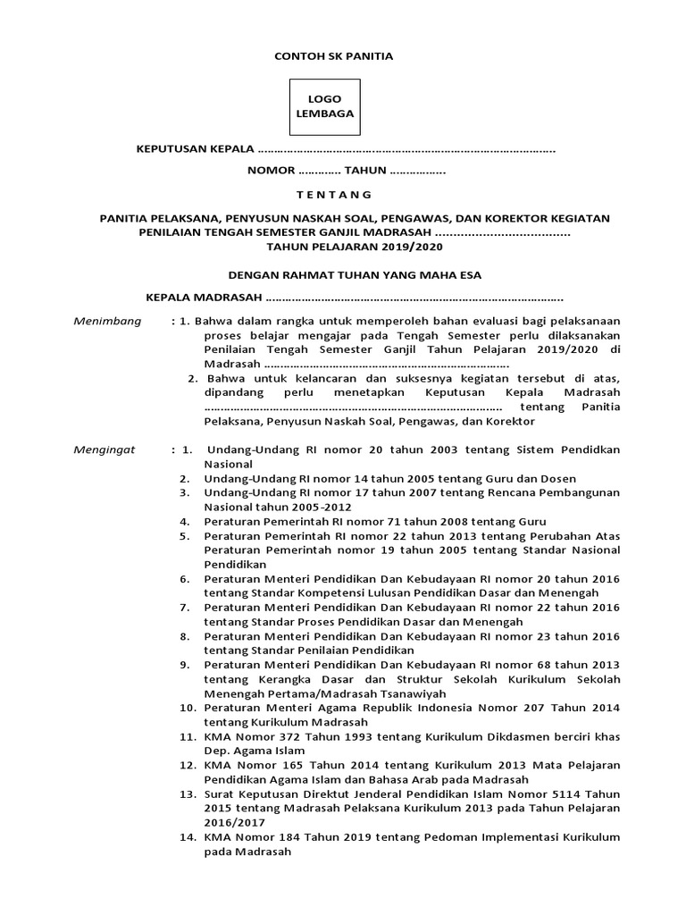 Contoh SK Panitia Penilaian Madrasah | PDF | Karier & Perkembangan