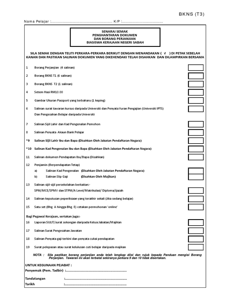 Borang Senarai Semak Permohonan Bkns t3 2018 | PDF