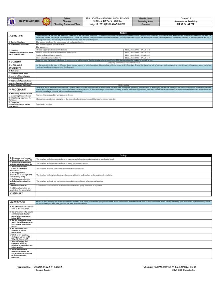 School Grade Level Teacher Learning Area Teaching Dates And Time