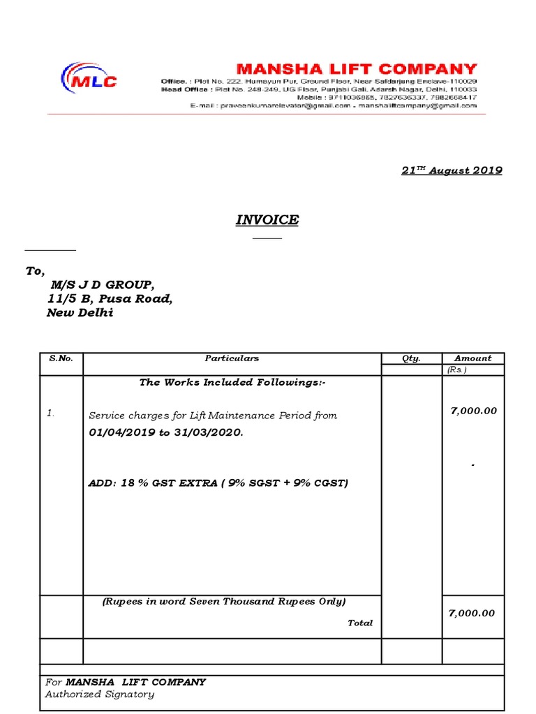 Invoice for Lift Maintenance | PDF