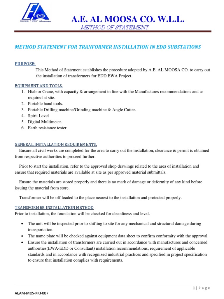 METHOD STATEMENT - Transformer Installation | PDF | Transformer | Engineering