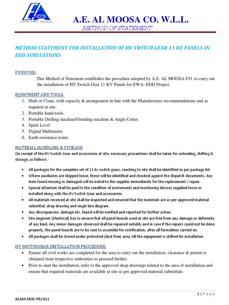 METHOD STATEMENT Installation of HV Switch Gear 11kv Panels | PDF ...