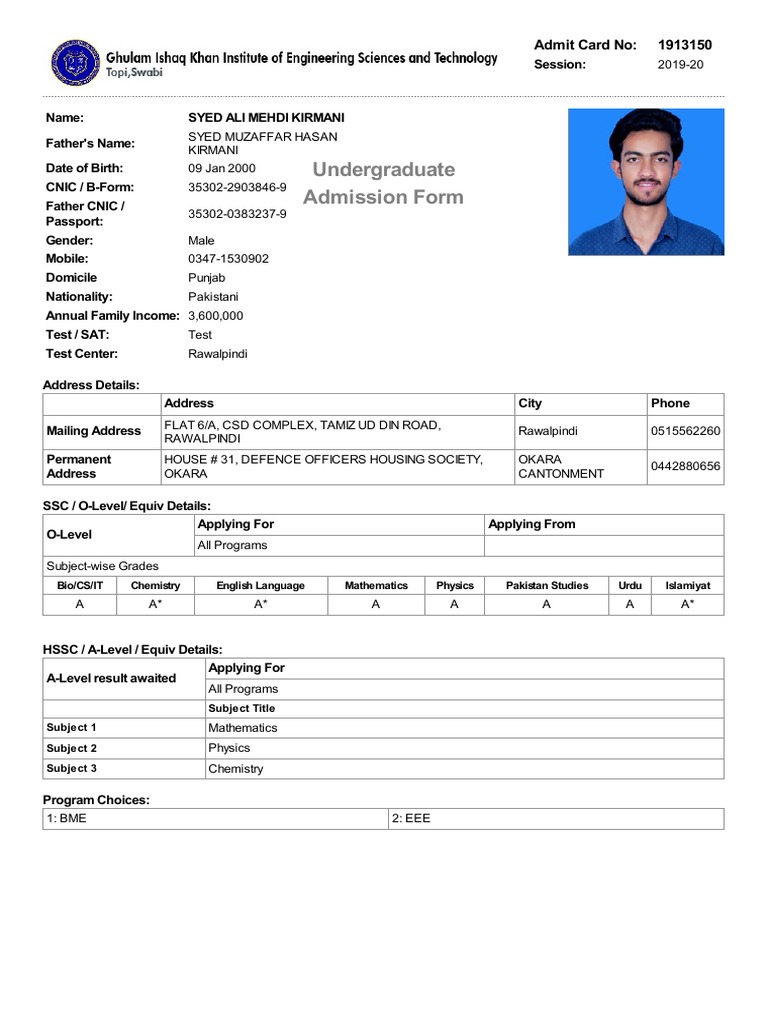 Undergraduate Admission Form: Admit Card No: 1913150 | PDF