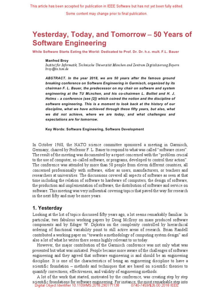 Yesterday, Today, and Tomorrow - 50 Years of Software Engineering | PDF | Software Development ...