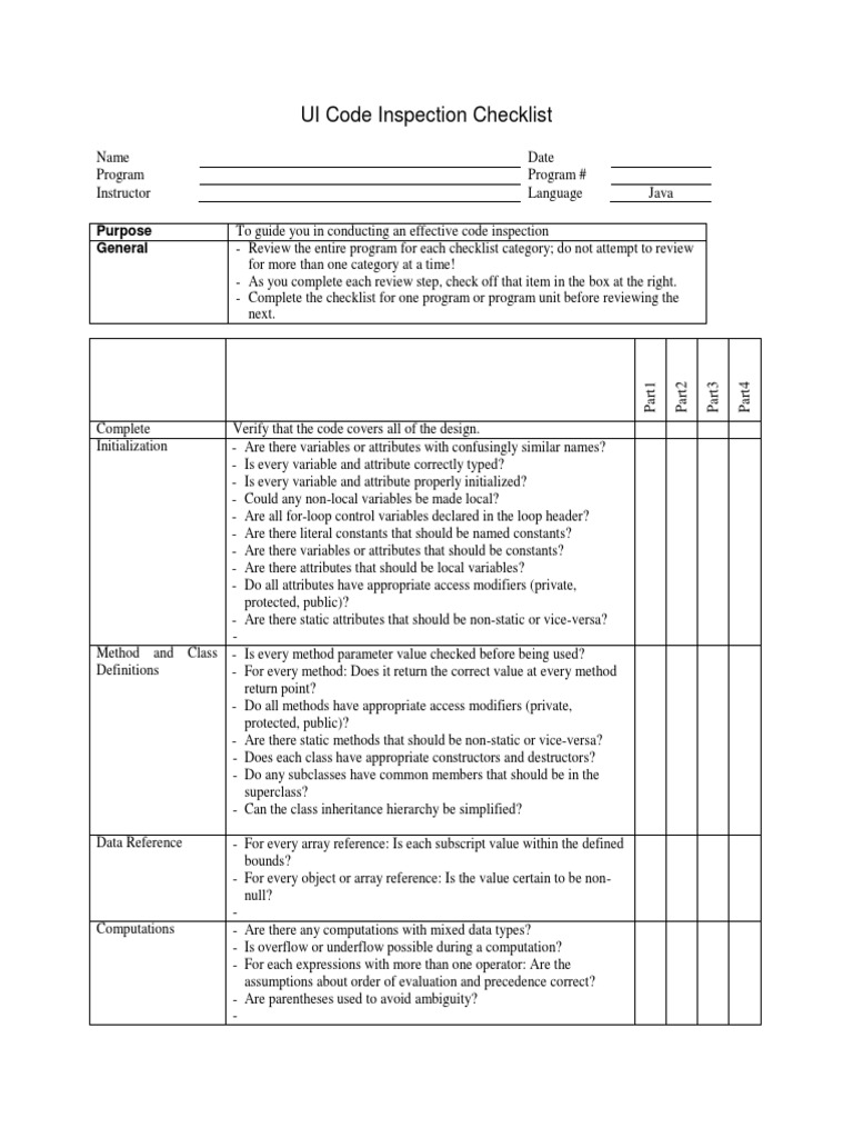 UI Code Inspection Checklist: Purpose General | PDF | Method (Computer Programming) | Control Flow