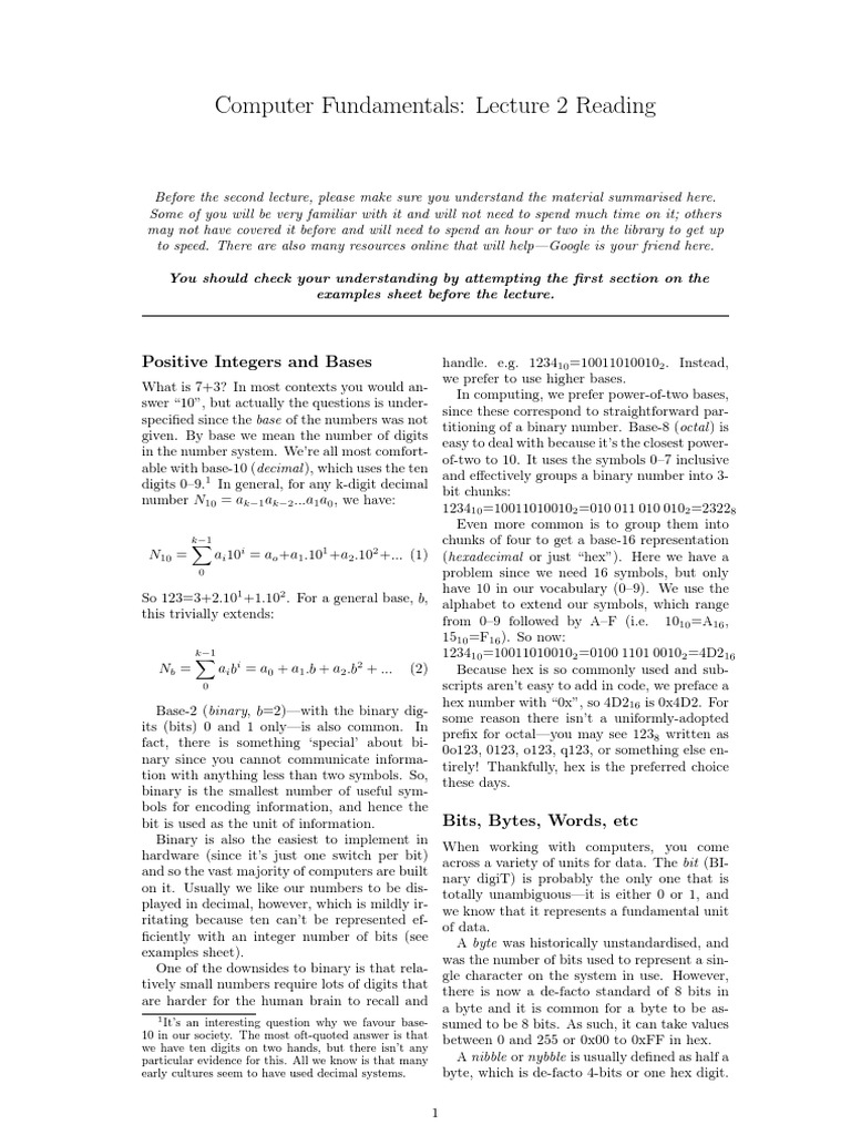 Computer Fundamentals: Lecture 2 Reading: Positive Integers and Bases ...