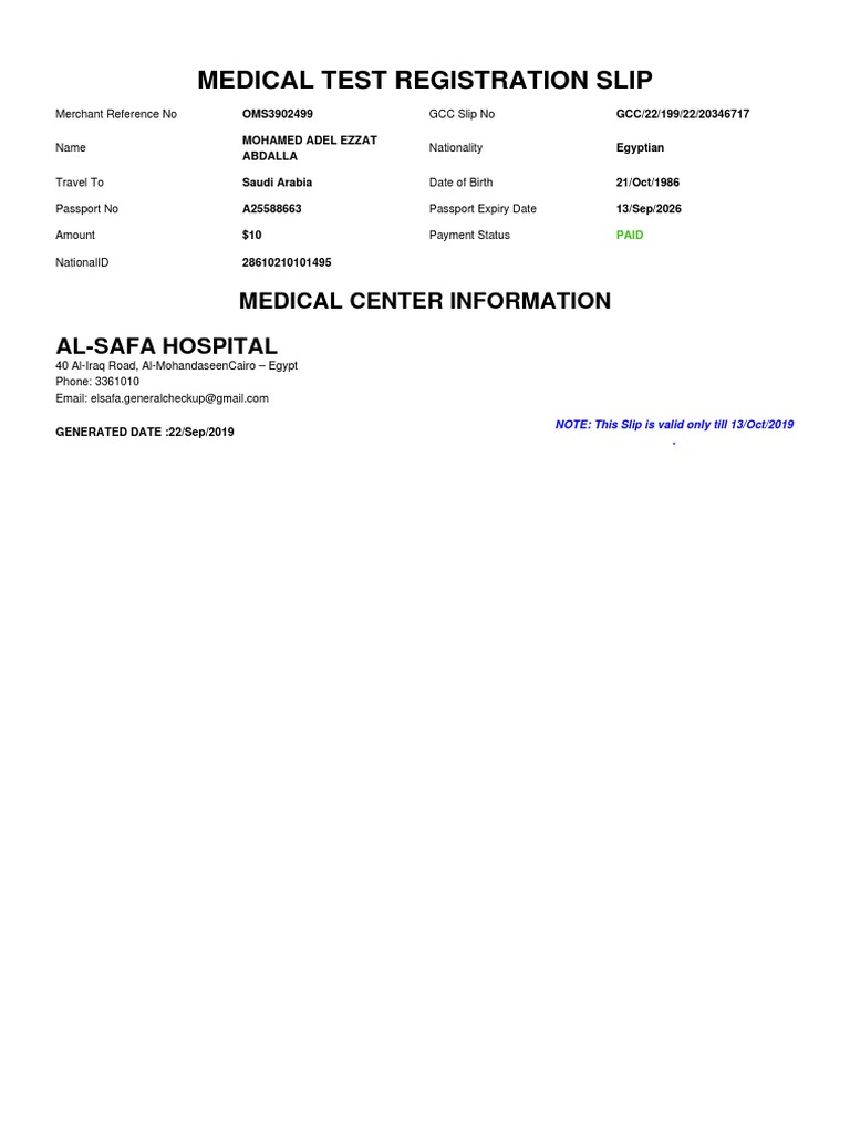 Medical Test Registration Slip: Medical Center Information Al-Safa ...