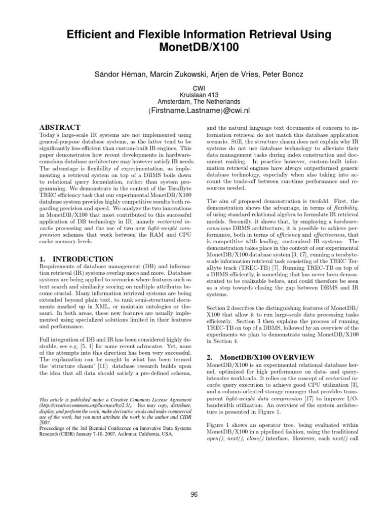 Efficient and Flexible Information Retrieval Using Monetdb/X100 | PDF | Information Retrieval ...