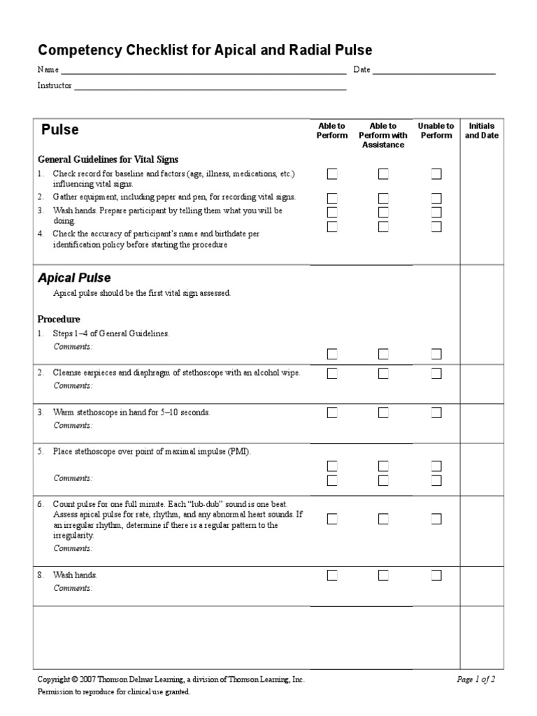 Competency Checklist Apical and Radial Pulse | PDF | Pulse ...