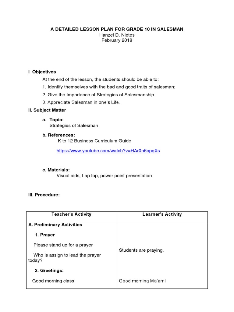 Grade 10 Salesmanship Lesson Plan | PDF | Sales | Motivation