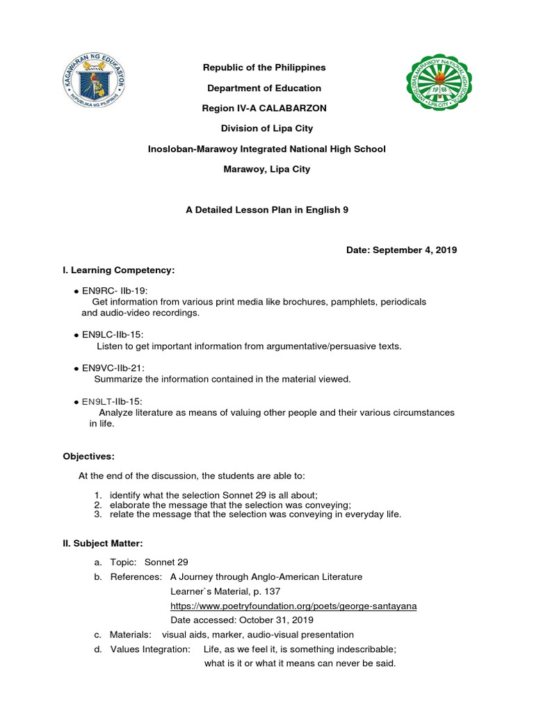 Sonnet 29 Detailed Lesson Plan | PDF | Sonnets | Poetry