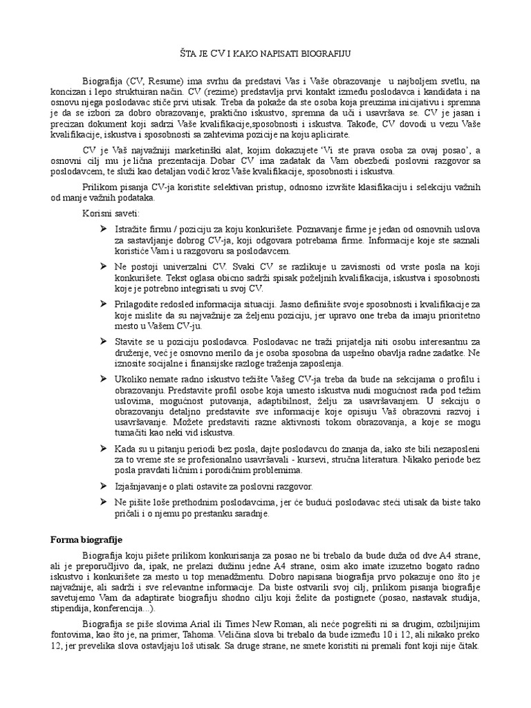 TA JE I Kako Napisati Biografiju: Forma Biografije | PDF